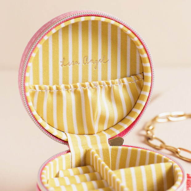 Embroidered Strawberry Round Jewellery Case Pink | Lisa Angel