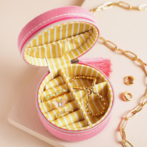 Embroidered Strawberry Round Jewellery Case Pink | Lisa Angel