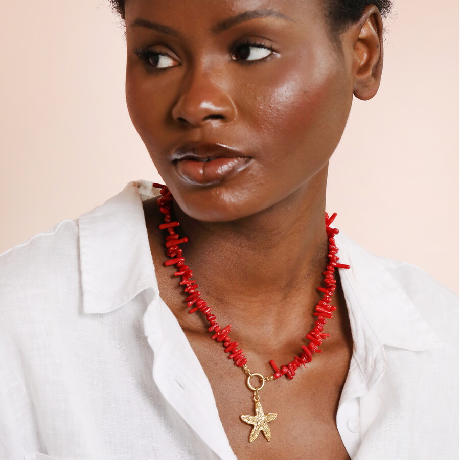 Red Coral Chunky Starfish Pendant Necklace in Gold | Jewellery | Lisa Angel