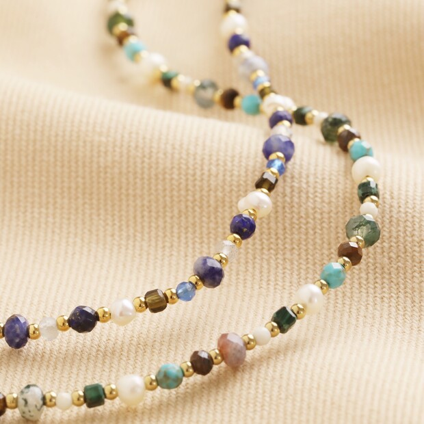 Blue Semi-Precious Stone Bead Necklace in Gold | Lisa Angel